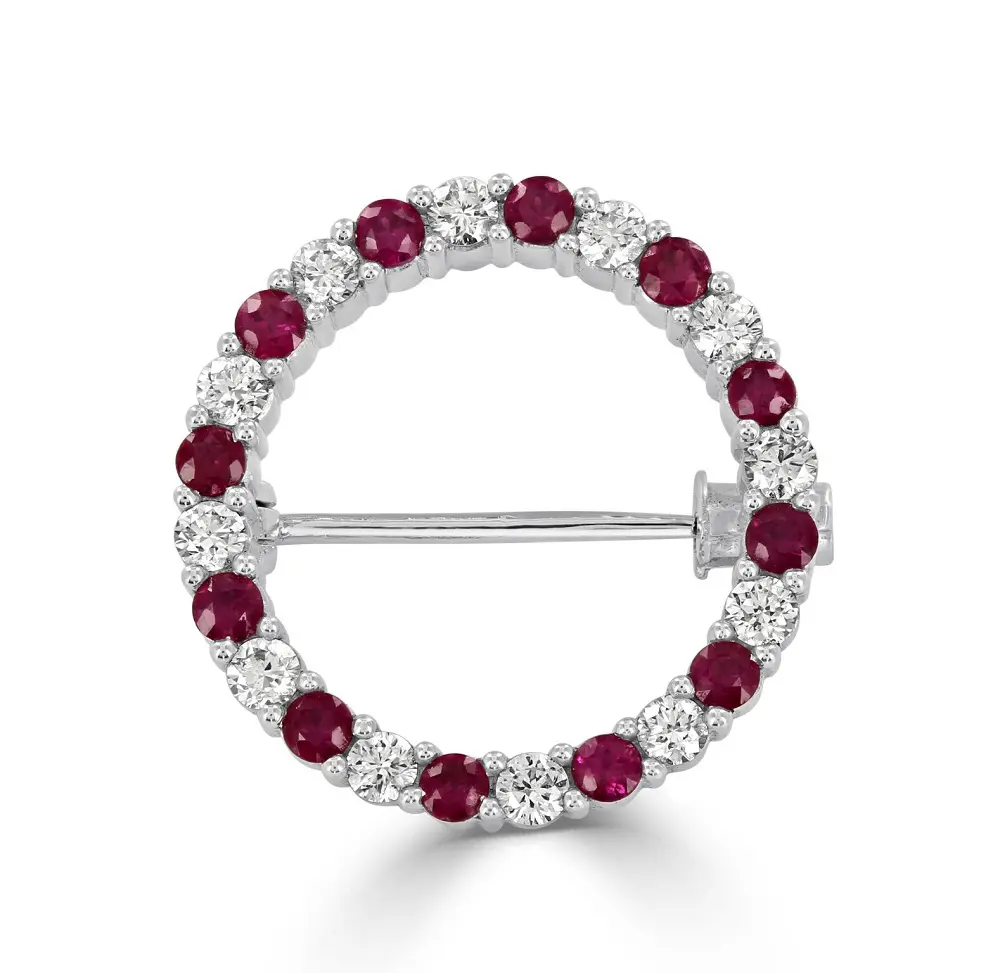 18ct White Gold Ruby and Diamond Circle Brooch | Martin and Co